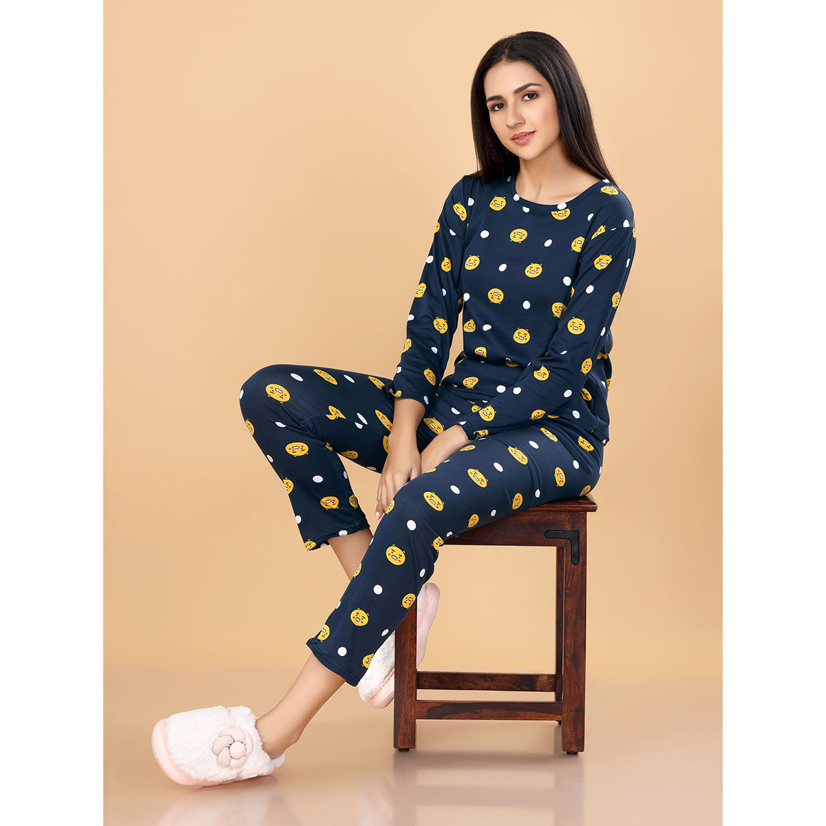 Buy Ansee by Addery Women'S Navy Blue Emoji Print Sleepwear Suit (Set ...