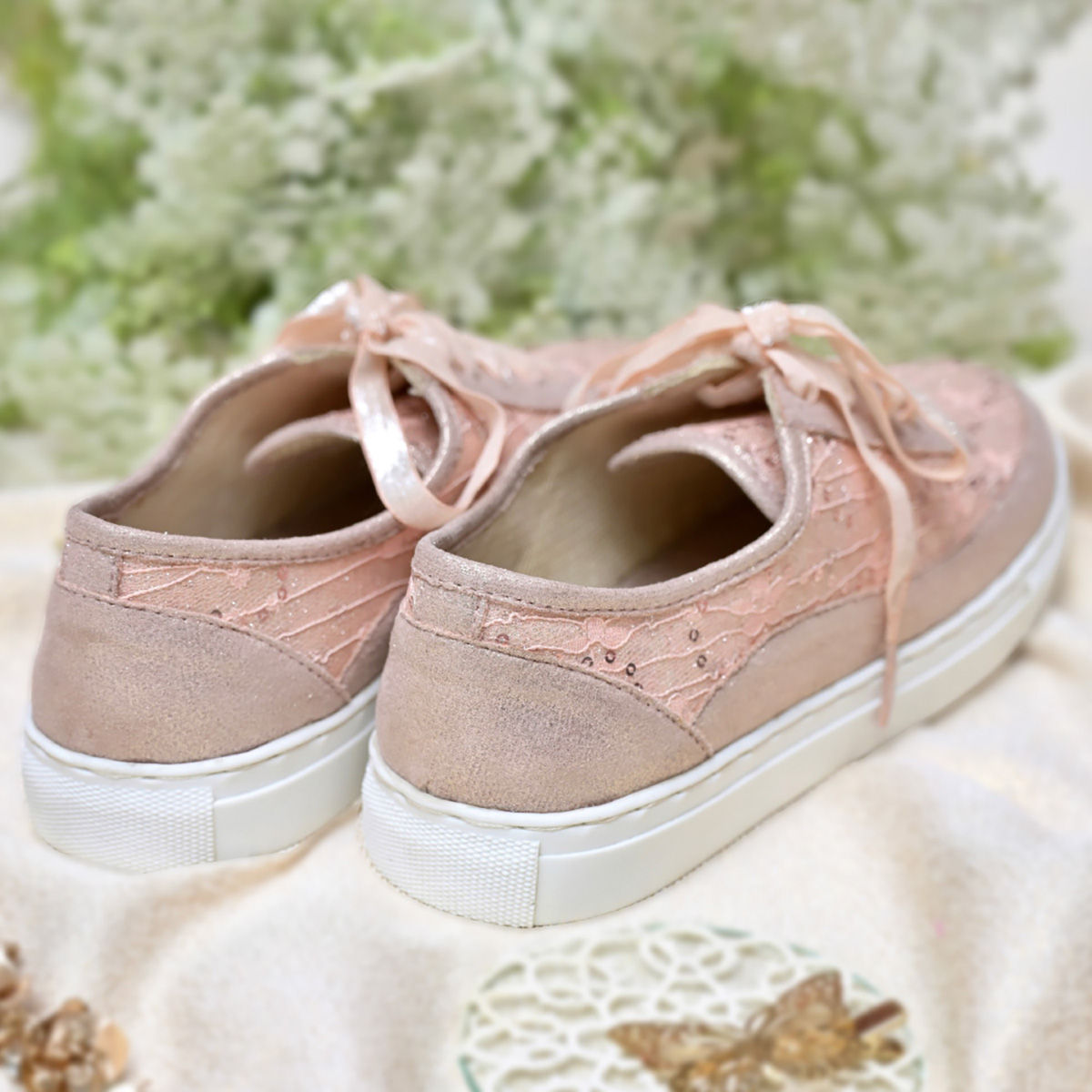 Buy Coral Haze Peach Lace Sneakers With Peach Shimmer Laces And Rose ...