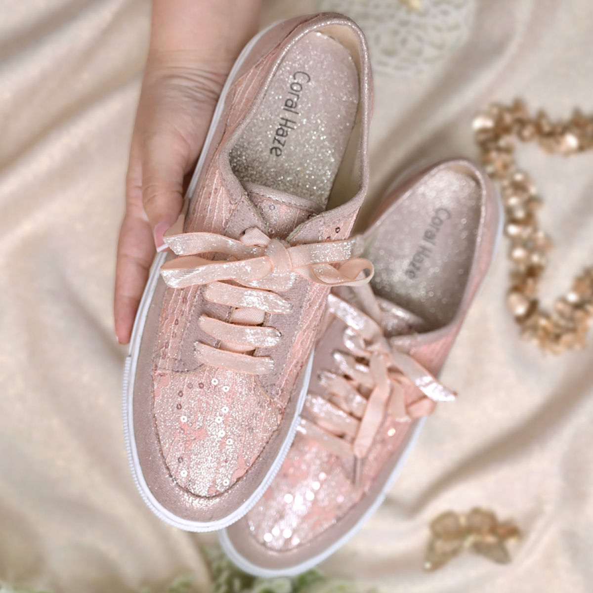 Buy Coral Haze Peach Lace Sneakers With Peach Shimmer Laces And Rose ...