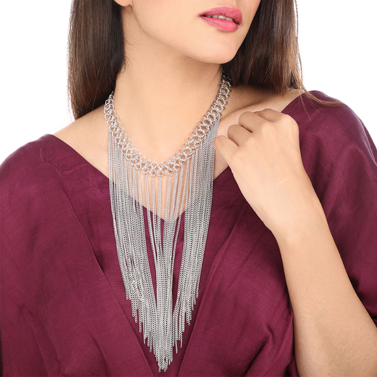 Buy Yellow Chimes Silver-Toned Long Drop Chain Choker Necklace Online