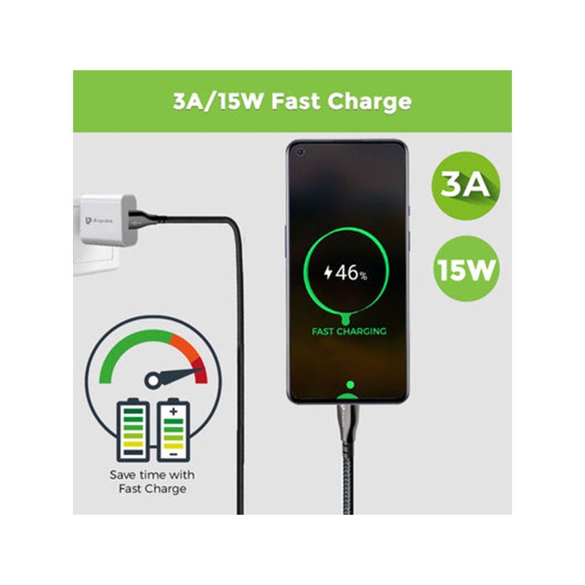 Buy UltraProLink UL1065 USB Type A to USB Type C 3A-15W Fast Charging Metal Cable with ...