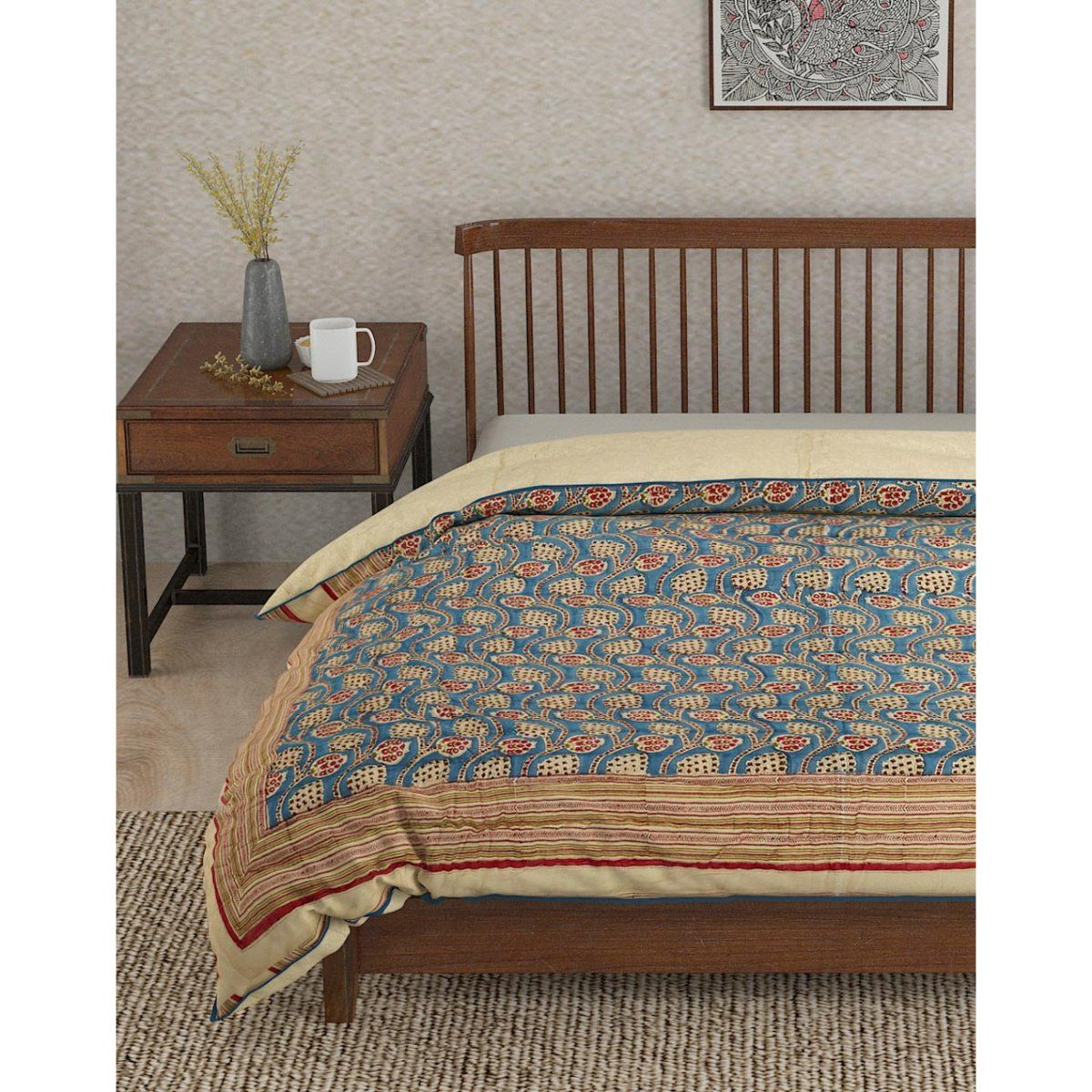 Fabindia Blue Cotton Hand Block Print Afreen Bel Quilt: Buy Fabindia ...