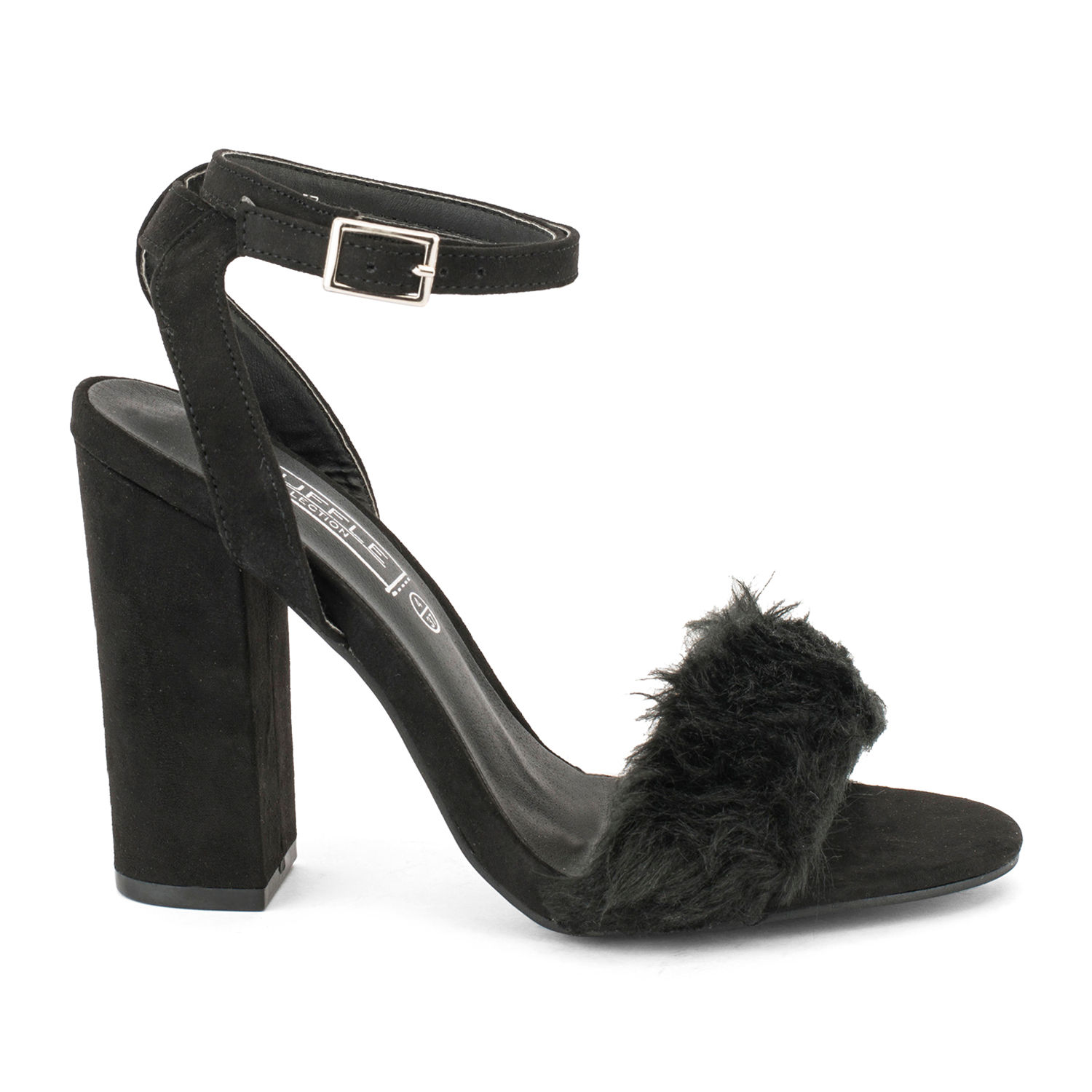 Buy Truffle Collection Black Block Heel Fur Sandals Online