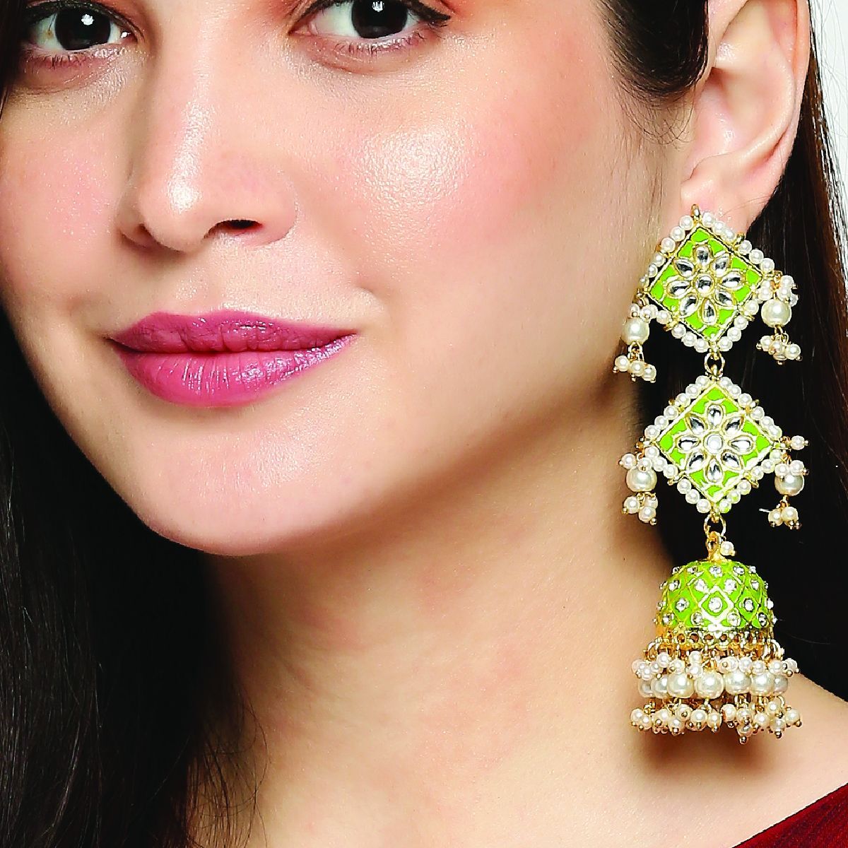Buy Fabula Green Meenakari & Kundan Long Jhumka Earrings Online