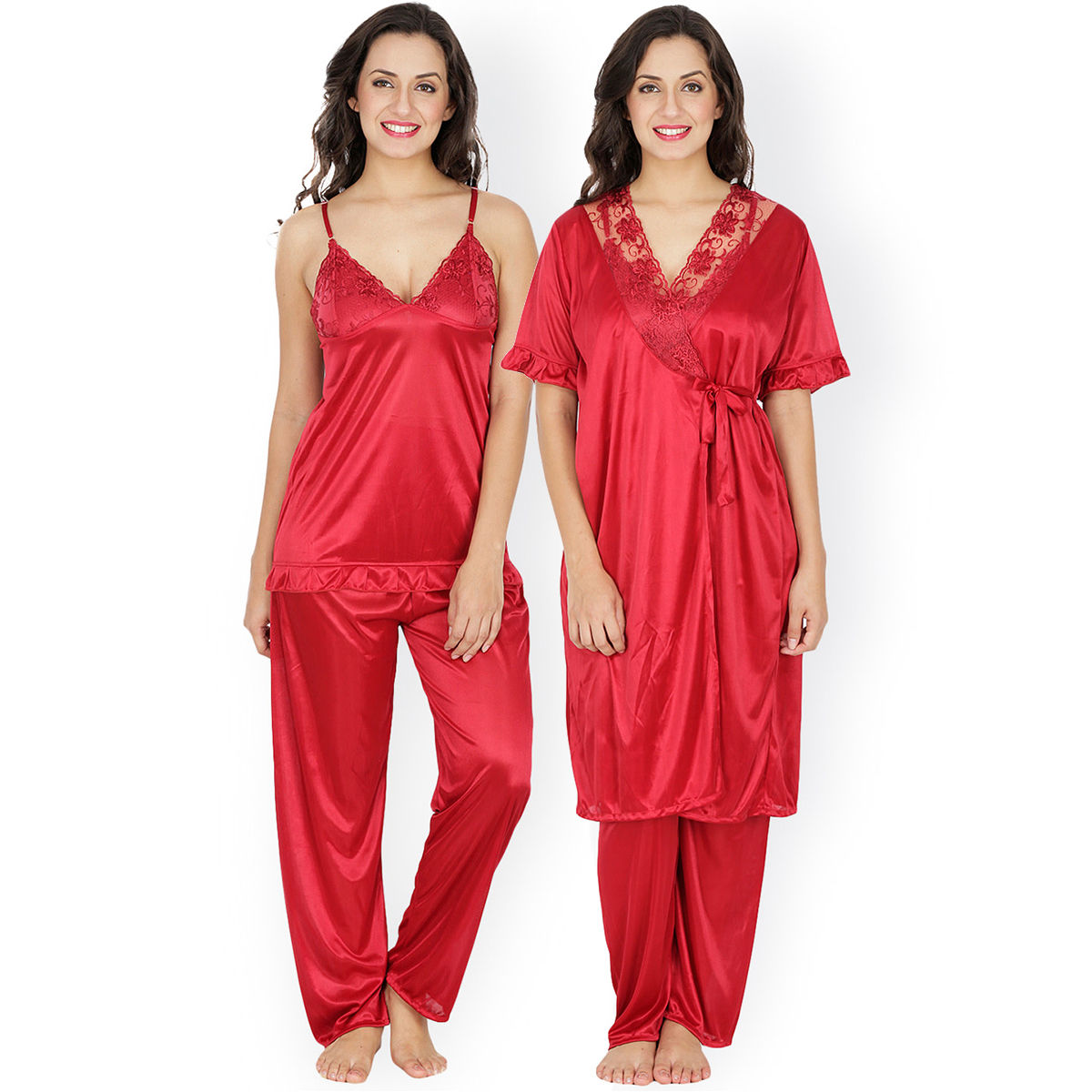 Secret Wish Women's Satin Red Nightsuit Set with Robe (Free Size): Buy ...