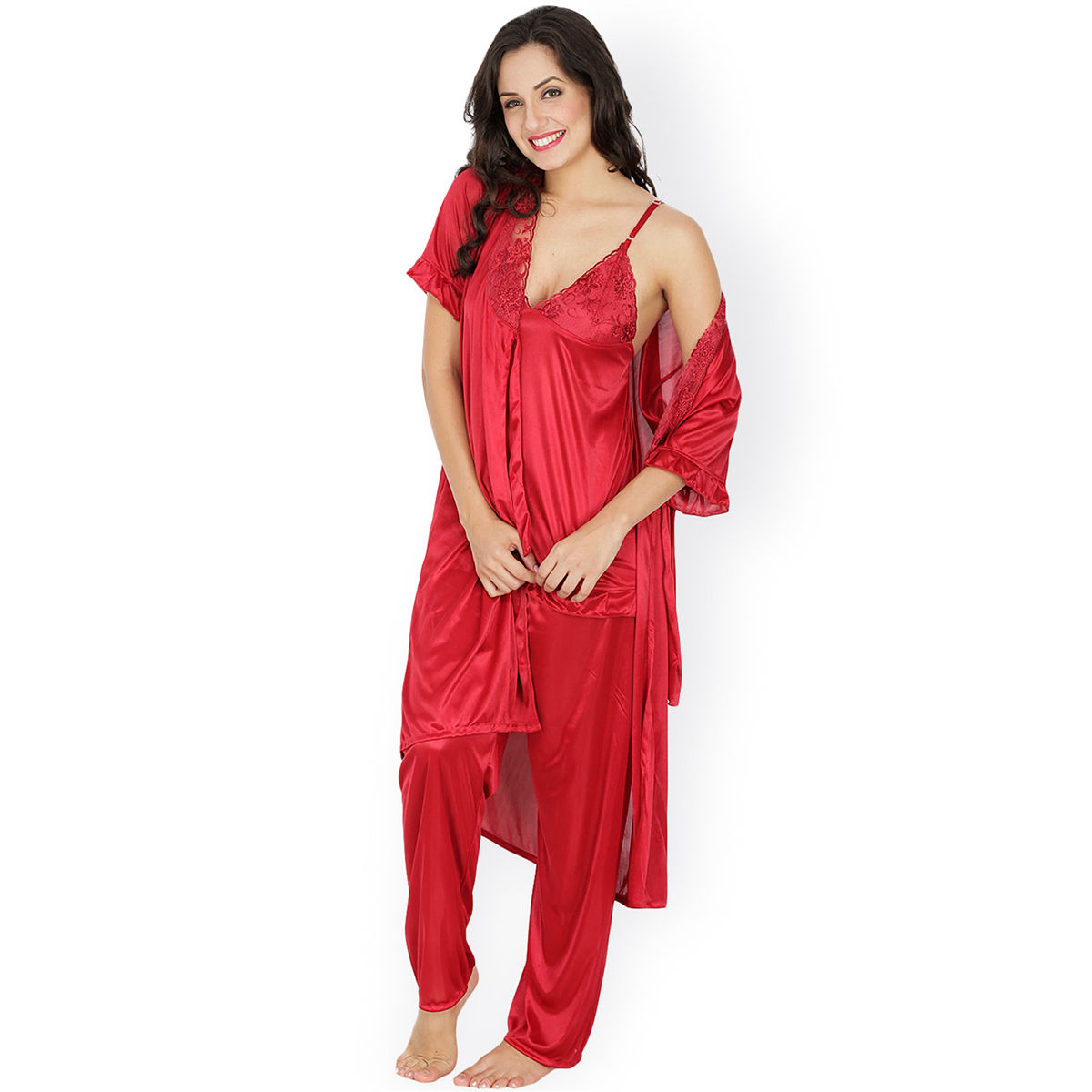 Secret Wish Women's Satin Red Nightsuit Set with Robe (Free Size): Buy ...