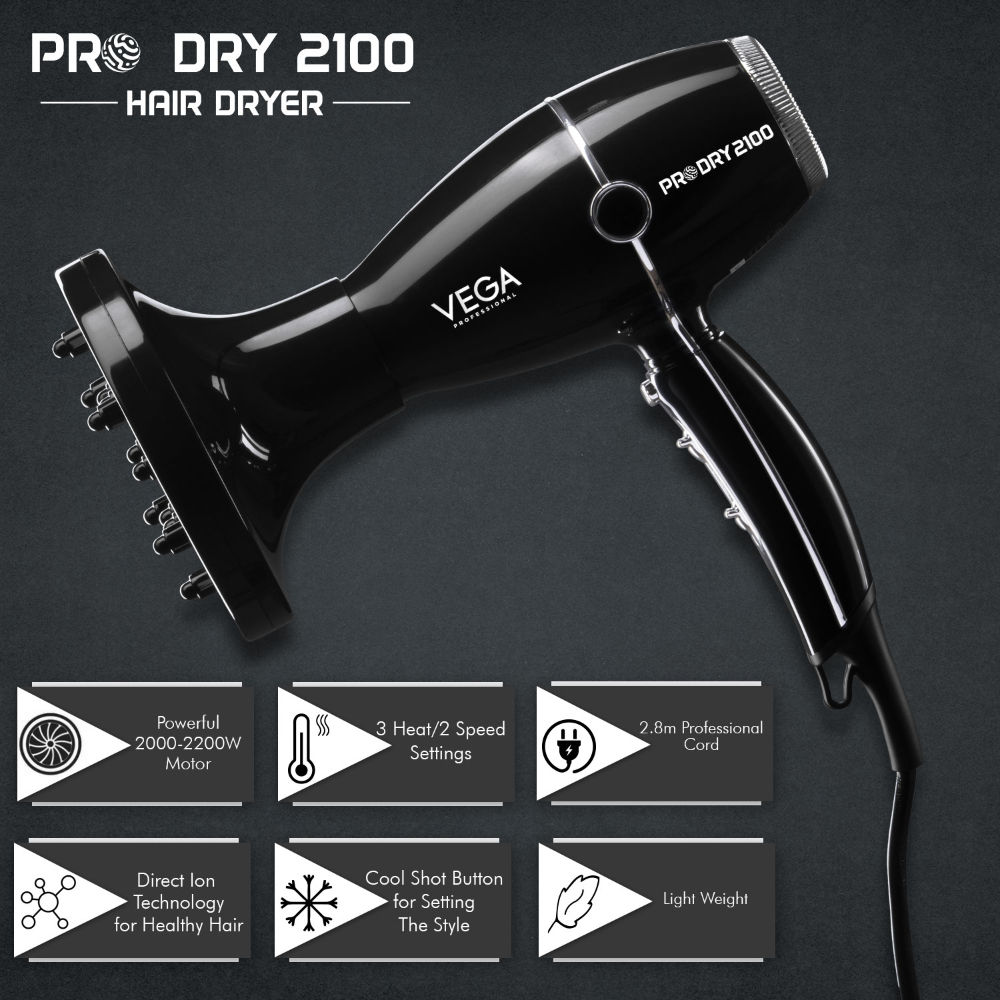 Buy VEGA Professional Pro Dry 2000-2200w Hair Dryer - Black (VPPHD-02 ...