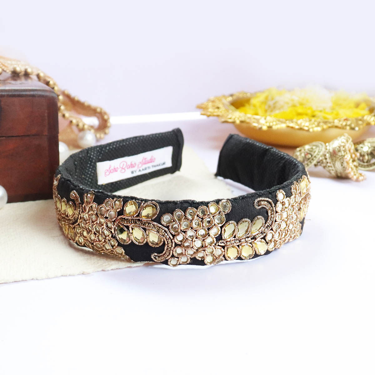 Buy Soho Boho Studio Indie Dark Damsel Embroidered Mathapatti Hairband ...