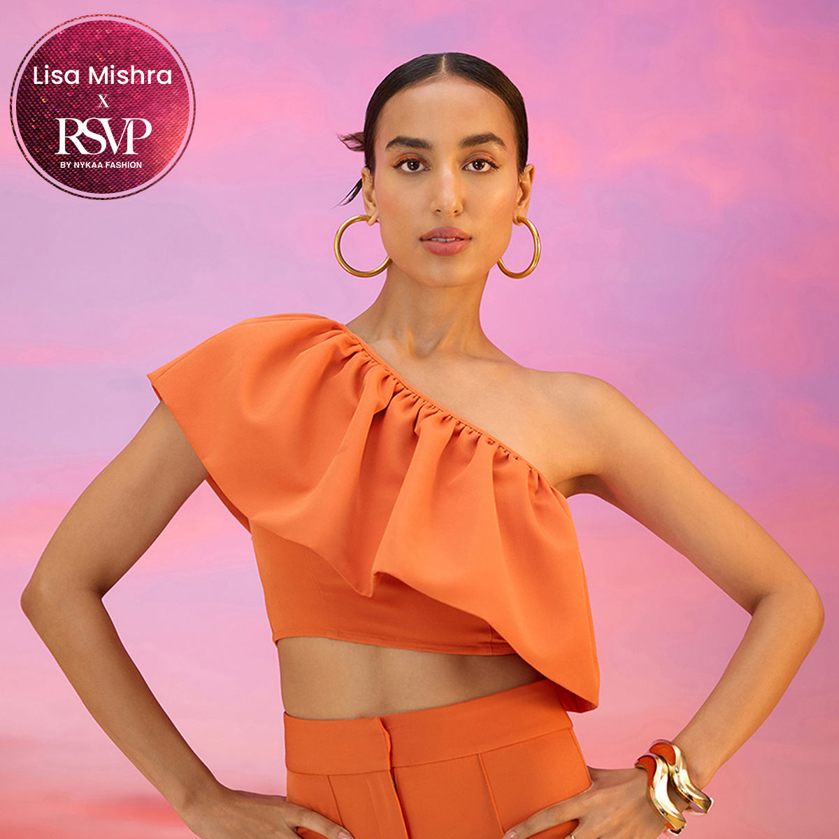 RSVP by Nykaa Fashion Orange Solid Ruffle One Shoulder Crop Top: Buy ...