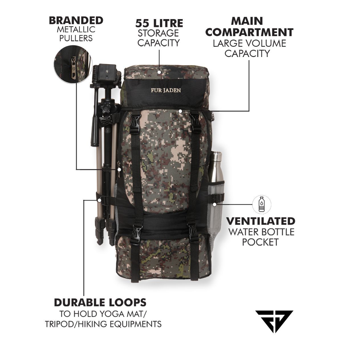 Buy FUR JADEN Green Military 55L Rucksack Travel Backpack Bag for ...