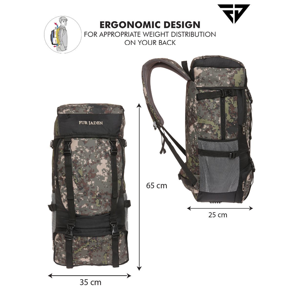 Buy FUR JADEN Green Military 55L Rucksack Travel Backpack Bag for ...