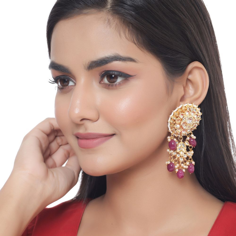 Buy SHOSHAA Gold-Plated Maroon Stones & Kundan Studded Handcrafted Drop ...