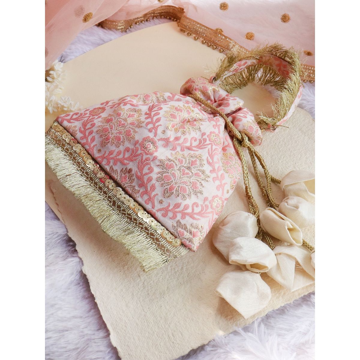 Buy Soho Boho Studio Peachy pink silk bloom Potli Bag Online