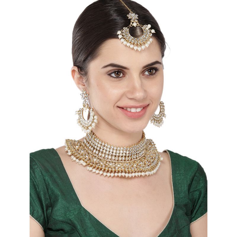Zaveri Pearls Gold Tone Kundan And Pearls Bridal Choker Necklace Earring
