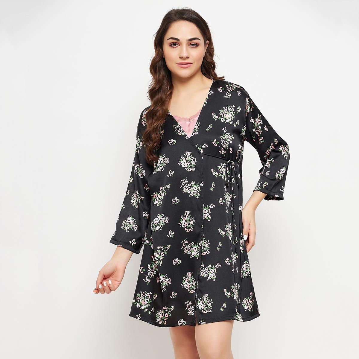Clovia Chic Basic Night Dress & Pretty Florals Robe Set - Satin -Black ...