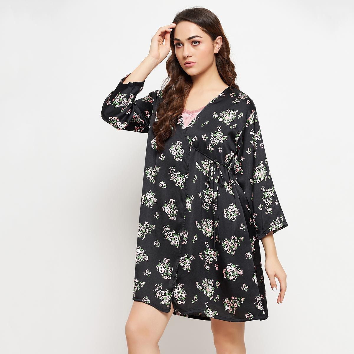 Clovia Chic Basic Night Dress & Pretty Florals Robe Set - Satin -Black ...