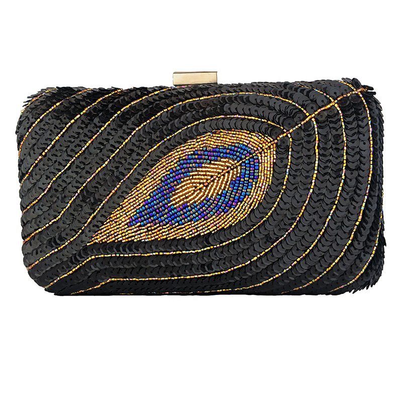 Buy Angeline Sequential Black Peacock feather Clutch Online