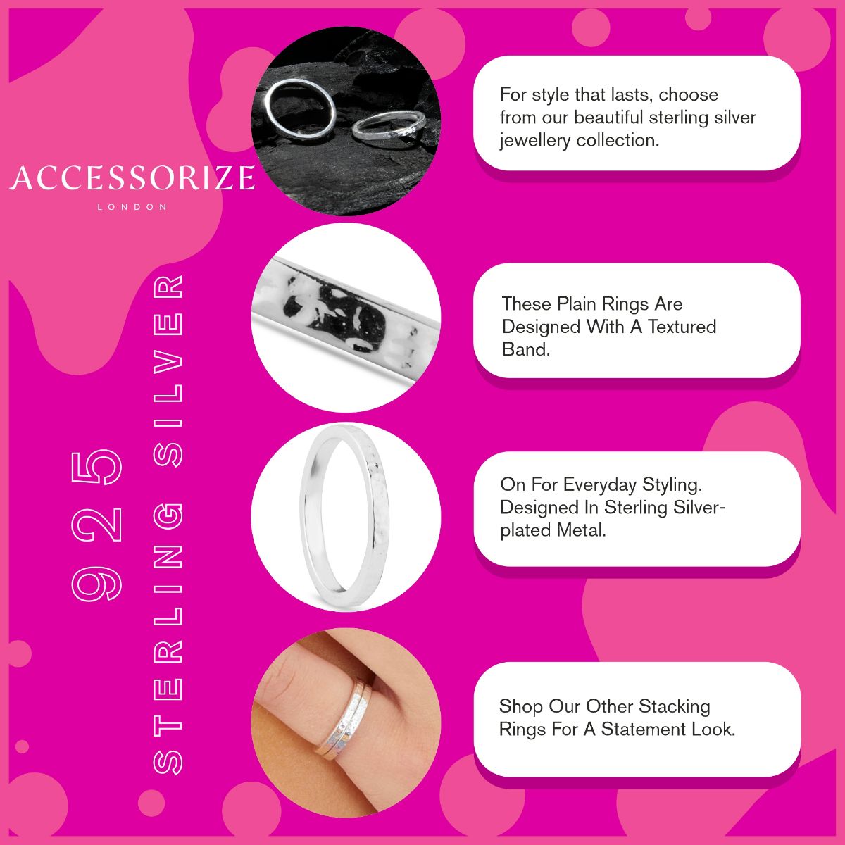 Buy Accessorize London 925 Sterling Silver-plated Textured Rings Set Of ...