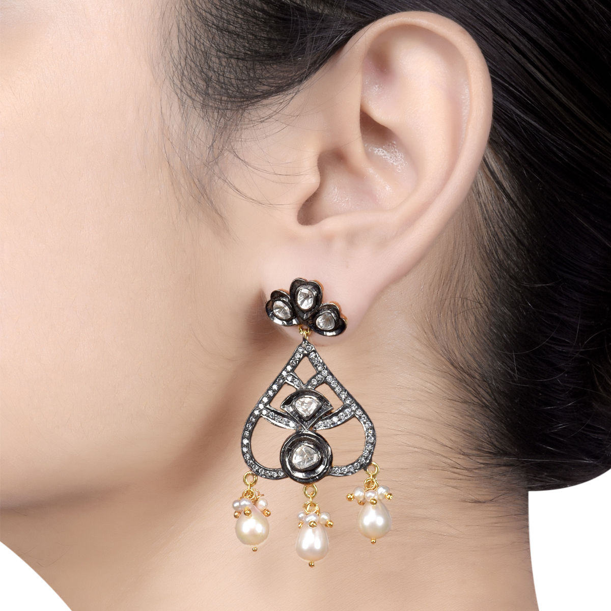 Buy Tribe Amrapali Silver Oxidised Floral Triple Pear Drop Earrings Online