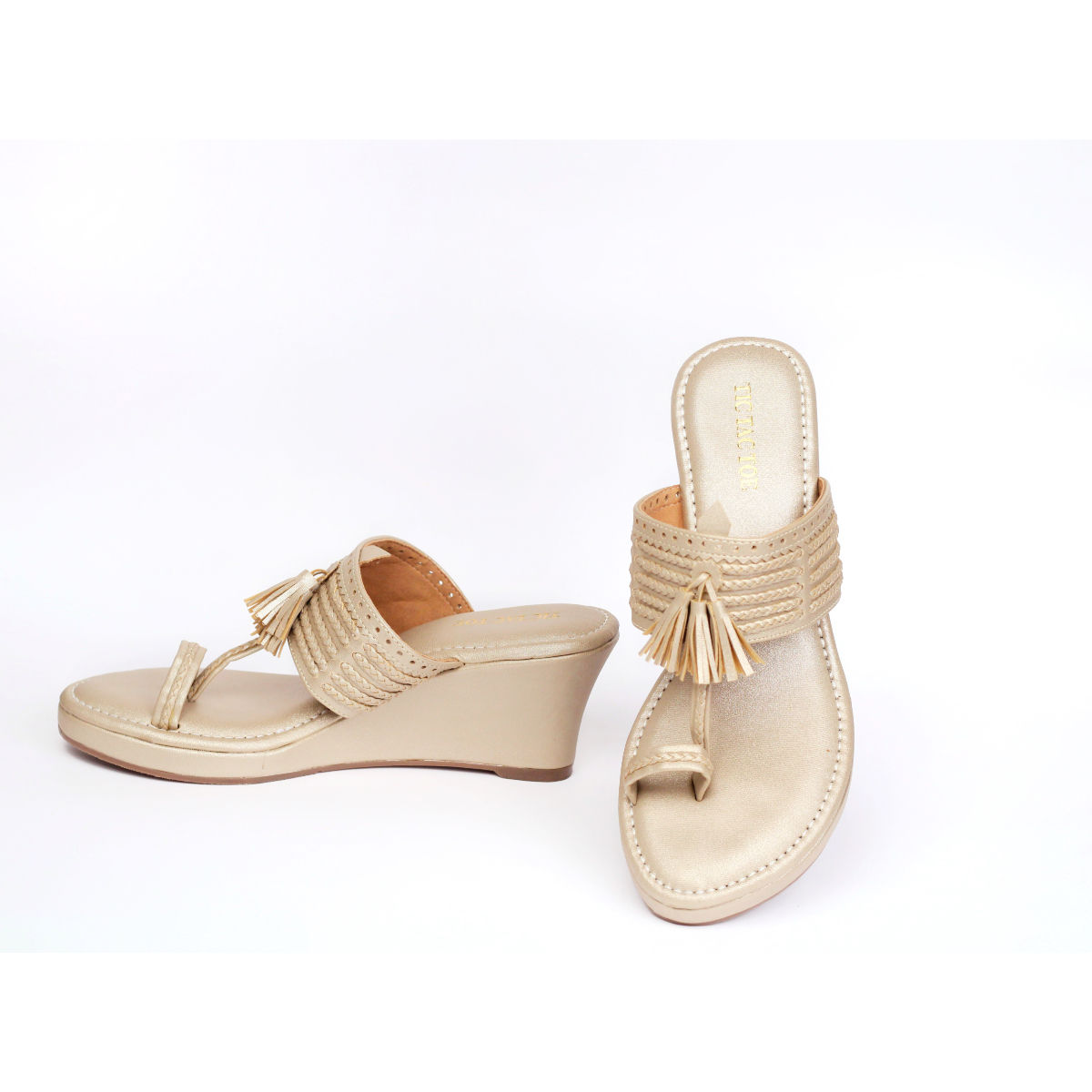 Buy Tic Tac Toe Gold Tassel Plain Kolhapuri Wedges Online