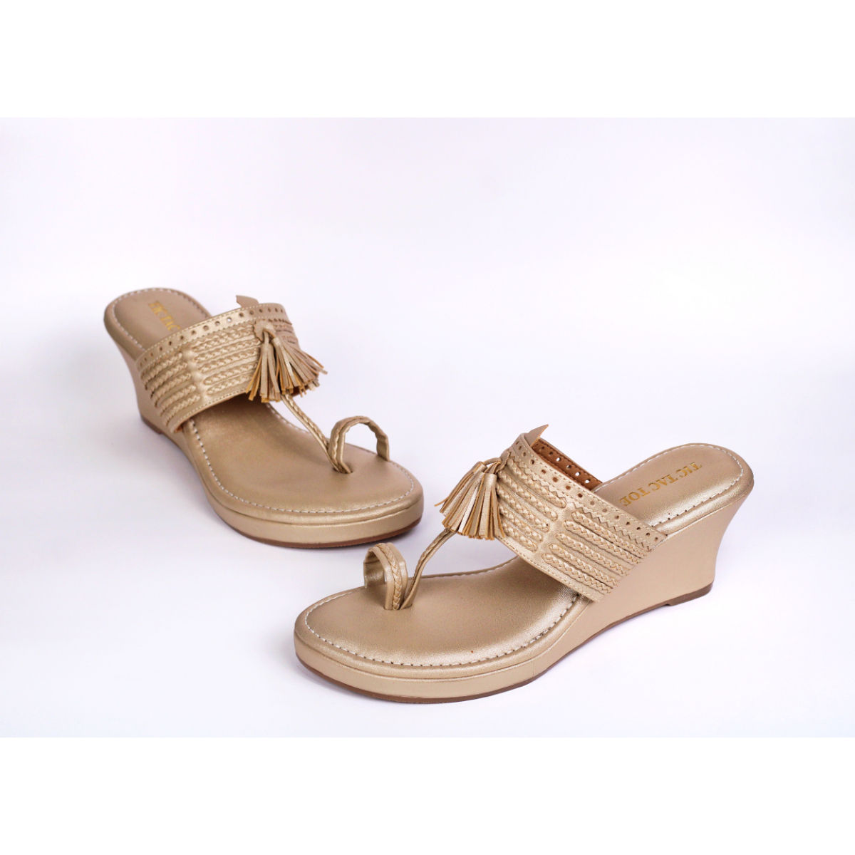Buy Tic Tac Toe Gold Tassel Plain Kolhapuri Wedges Online