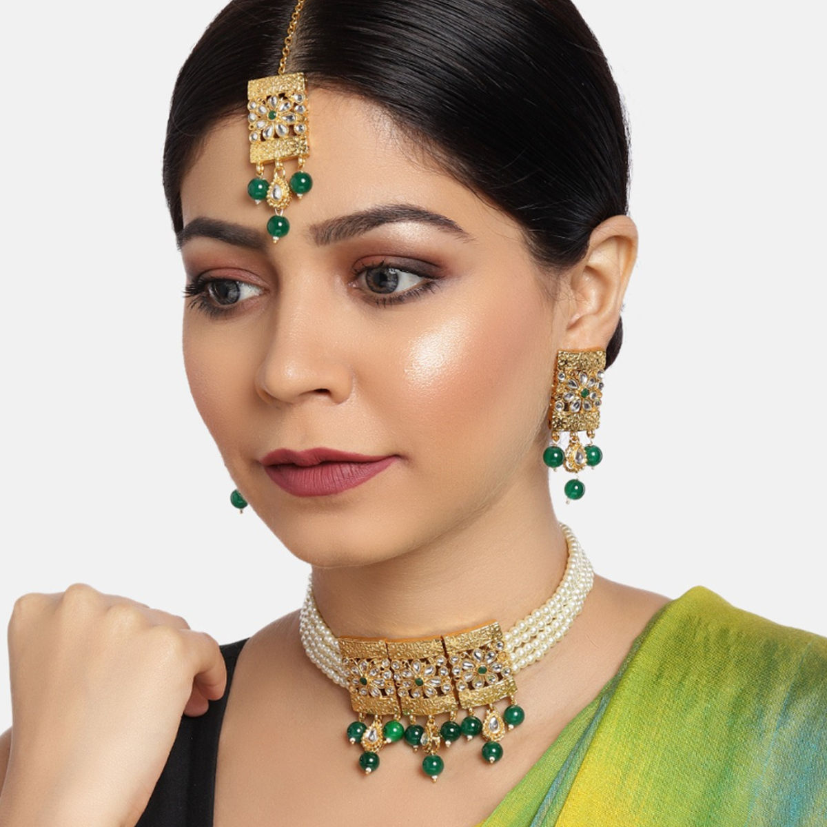 Buy Zaveri Pearls Green Beads & Kundan Multistrand Pearls Choker ...