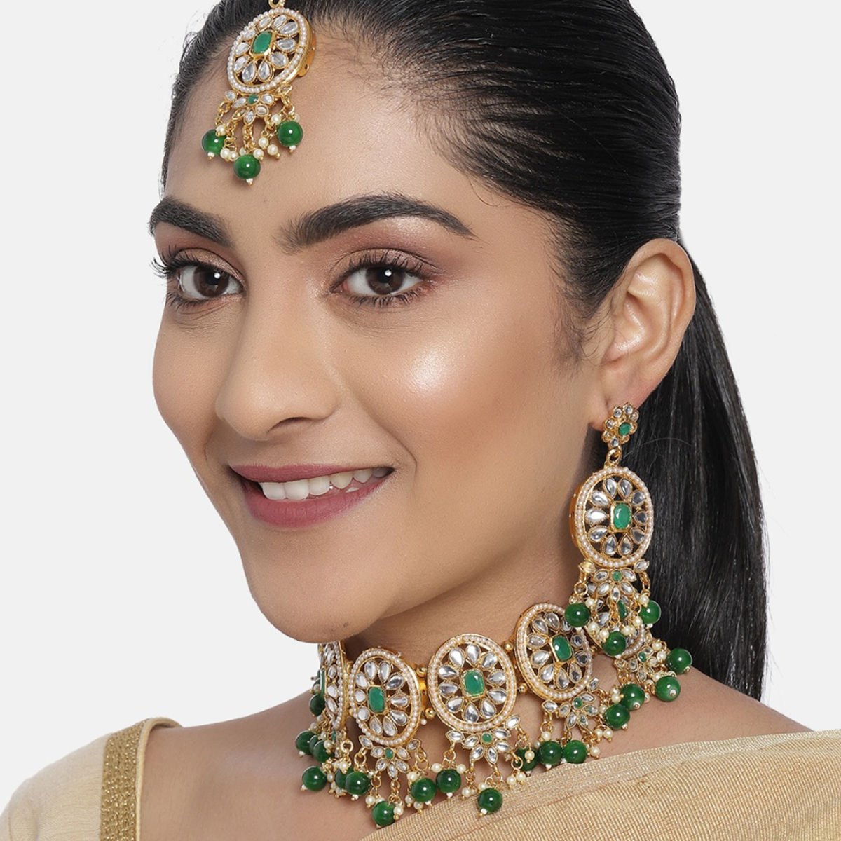 Buy Zaveri Pearls Green Stones Beads Wedding Collection Kundan Choker
