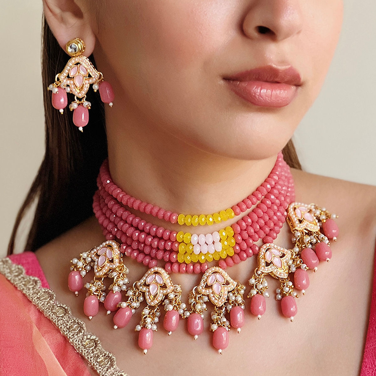 Buy Azai by Nykaa Fashion Pink Yellow Embellished Necklace and Earrings Jewellery Set of 2 Online