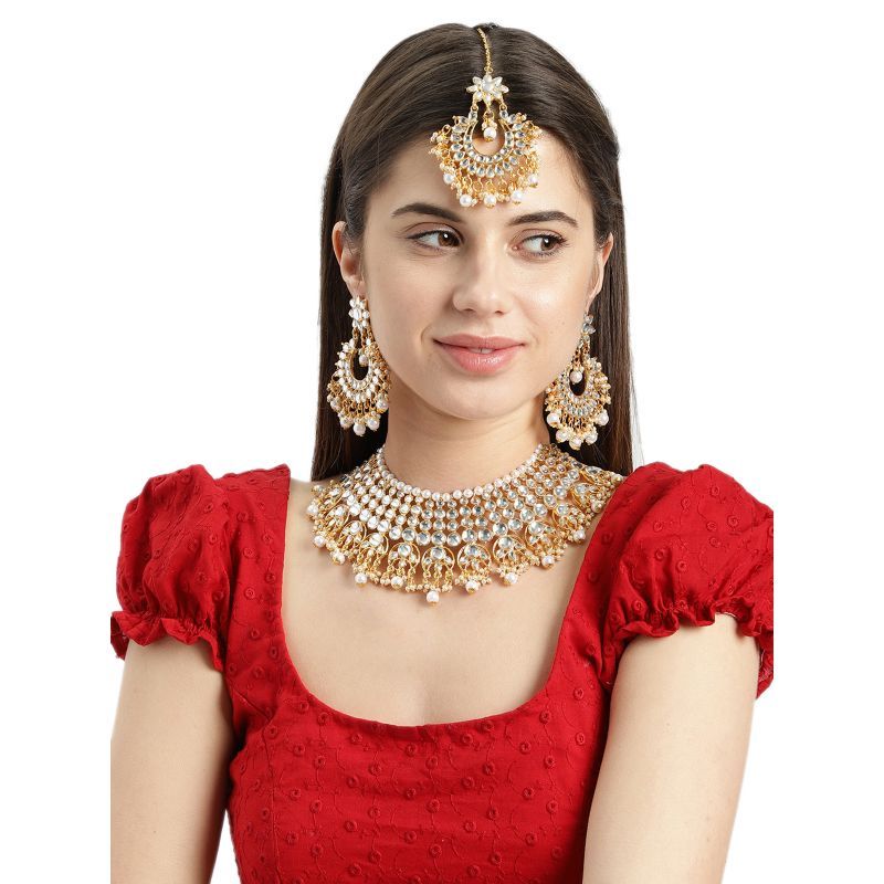 Zaveri Pearls Gold Tone Kundan And Pearls Choker Bridal Necklace Earring