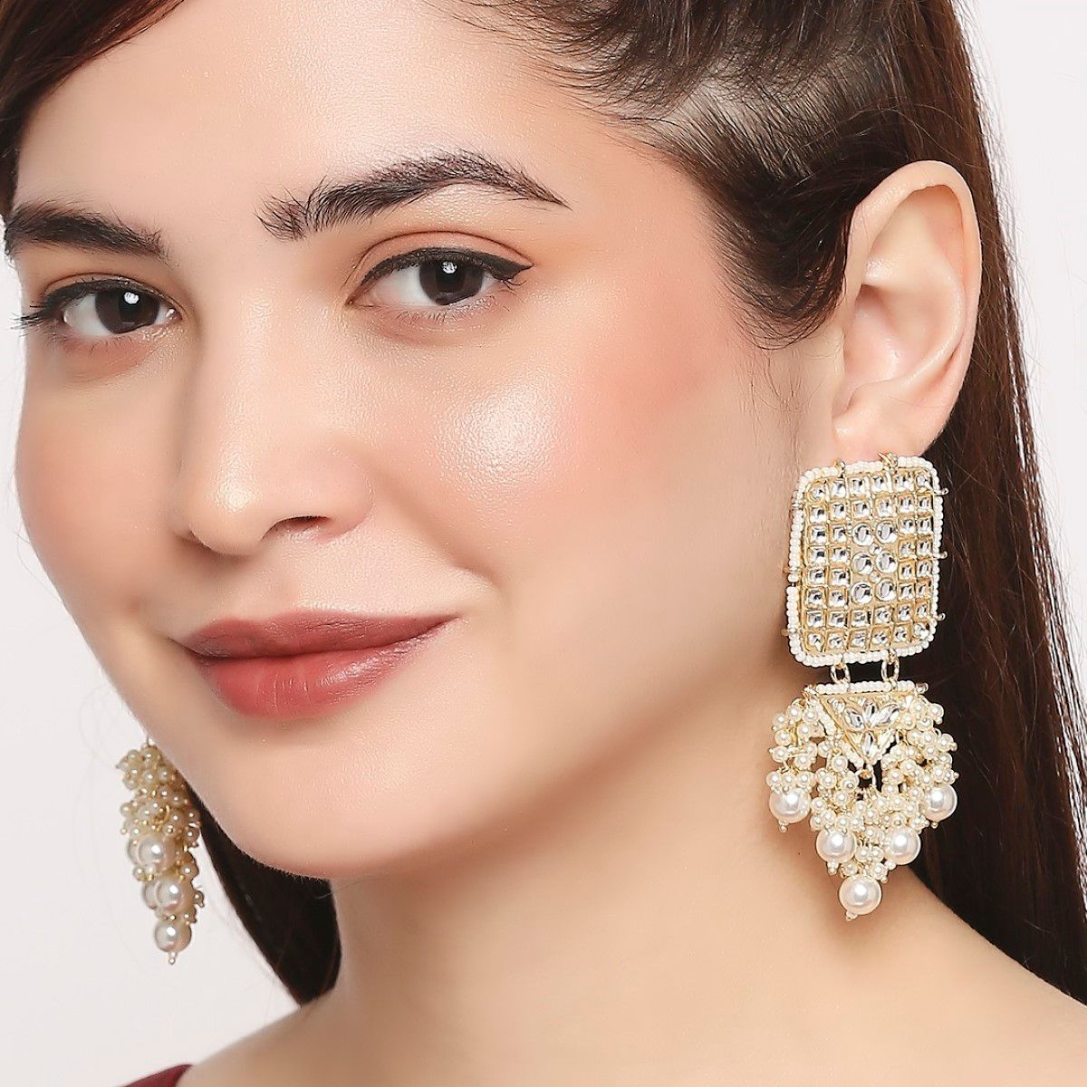 Buy OOMPH Gold Tone Jadau Kundan & Pearls Large Drop Earrings Online