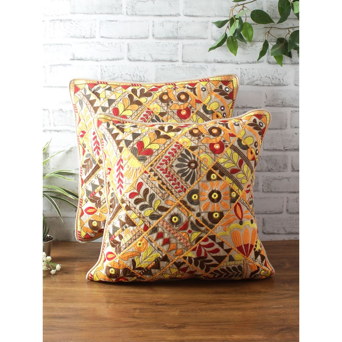 Buy eyda Multi Color Embroidered Cotton Cushion Covers Set Of 2-18X18 ...