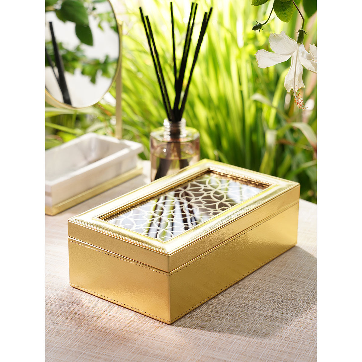 Buy Pure Home + Living Pink Faux Leather Box With Lazer Cut Glass Lid ...