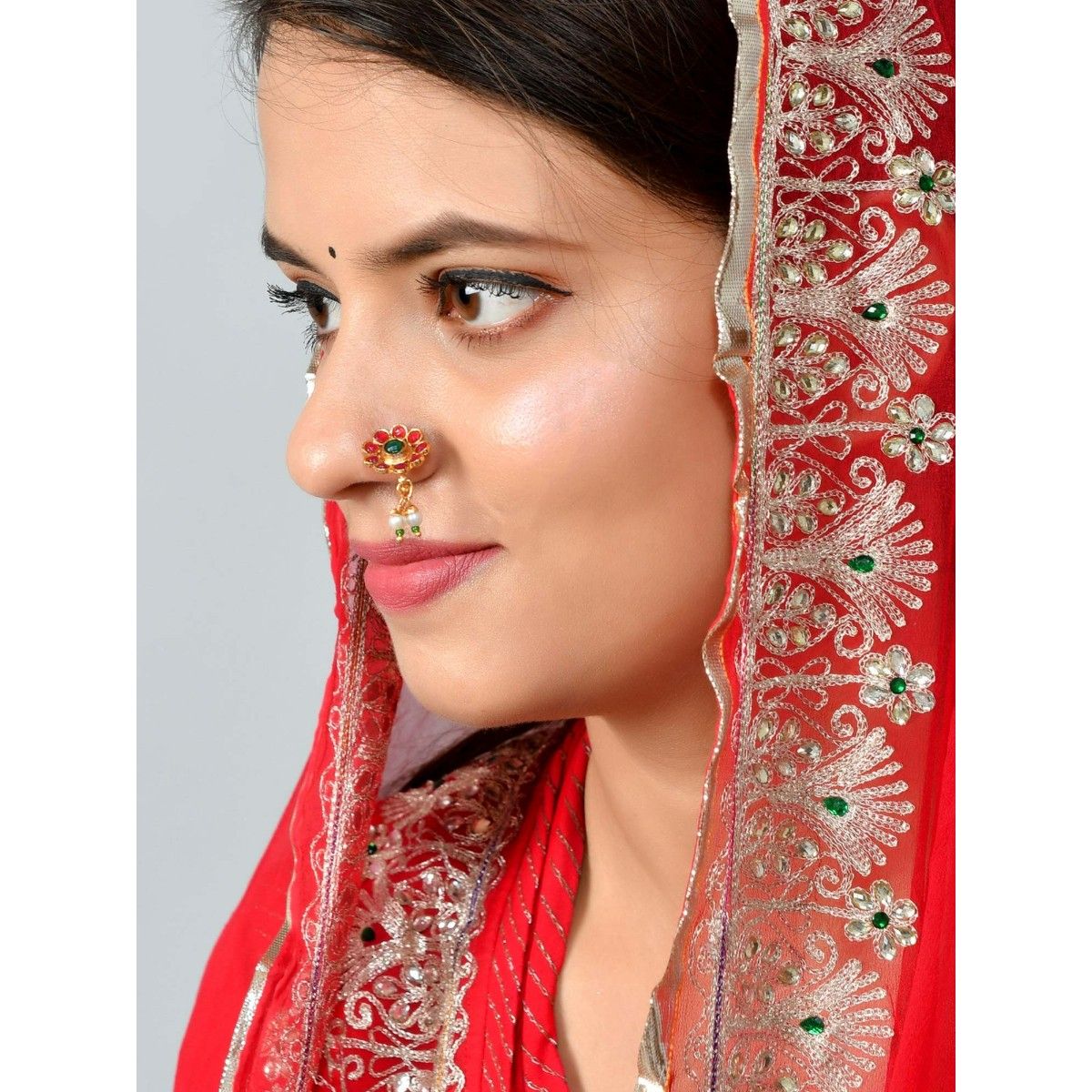 Buy Silvermerc Designs Red Meenakari Flower Besar Nose Pin Online