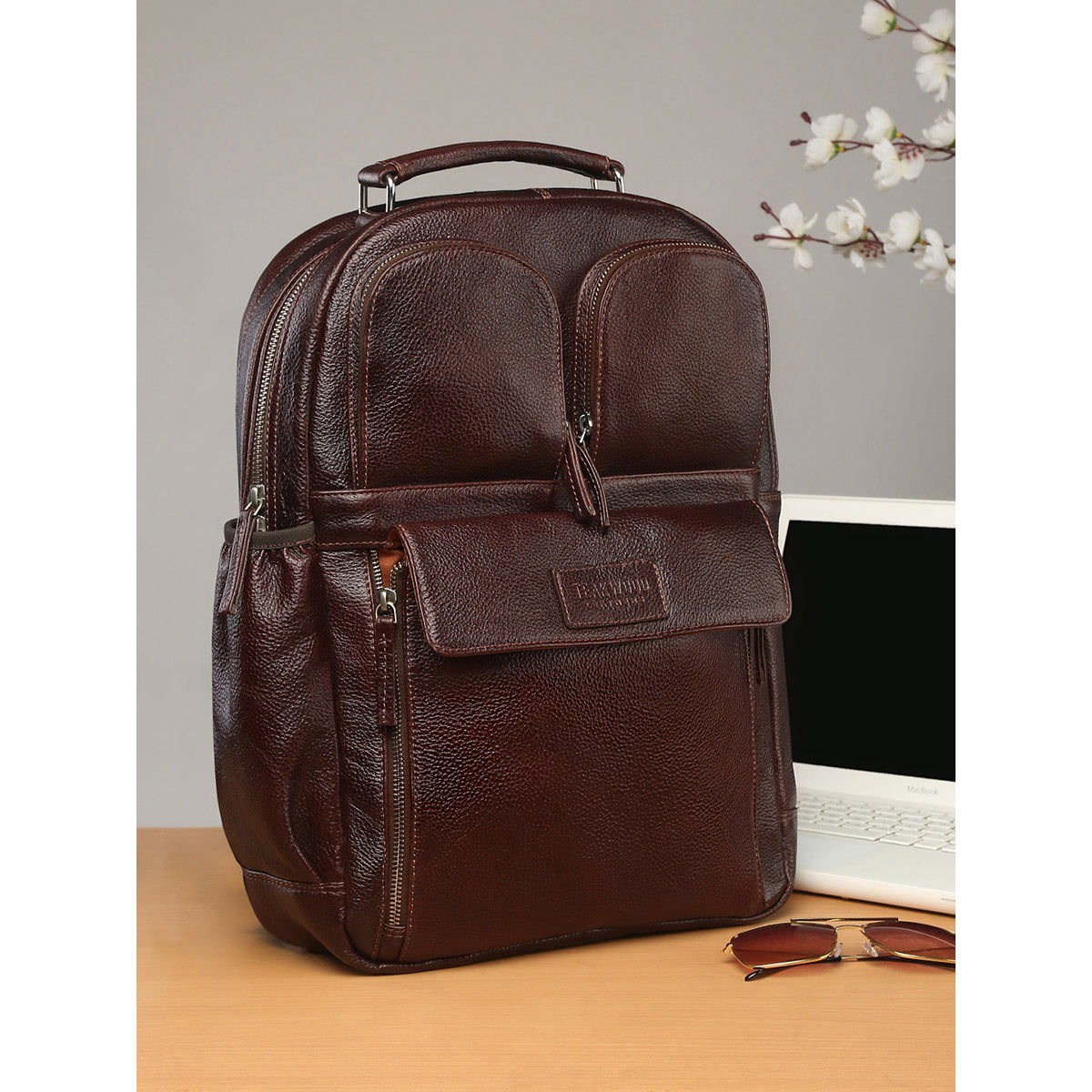 Buy Teakwood Unisex Genuine Leather Dark Brown Textured Backpack Online