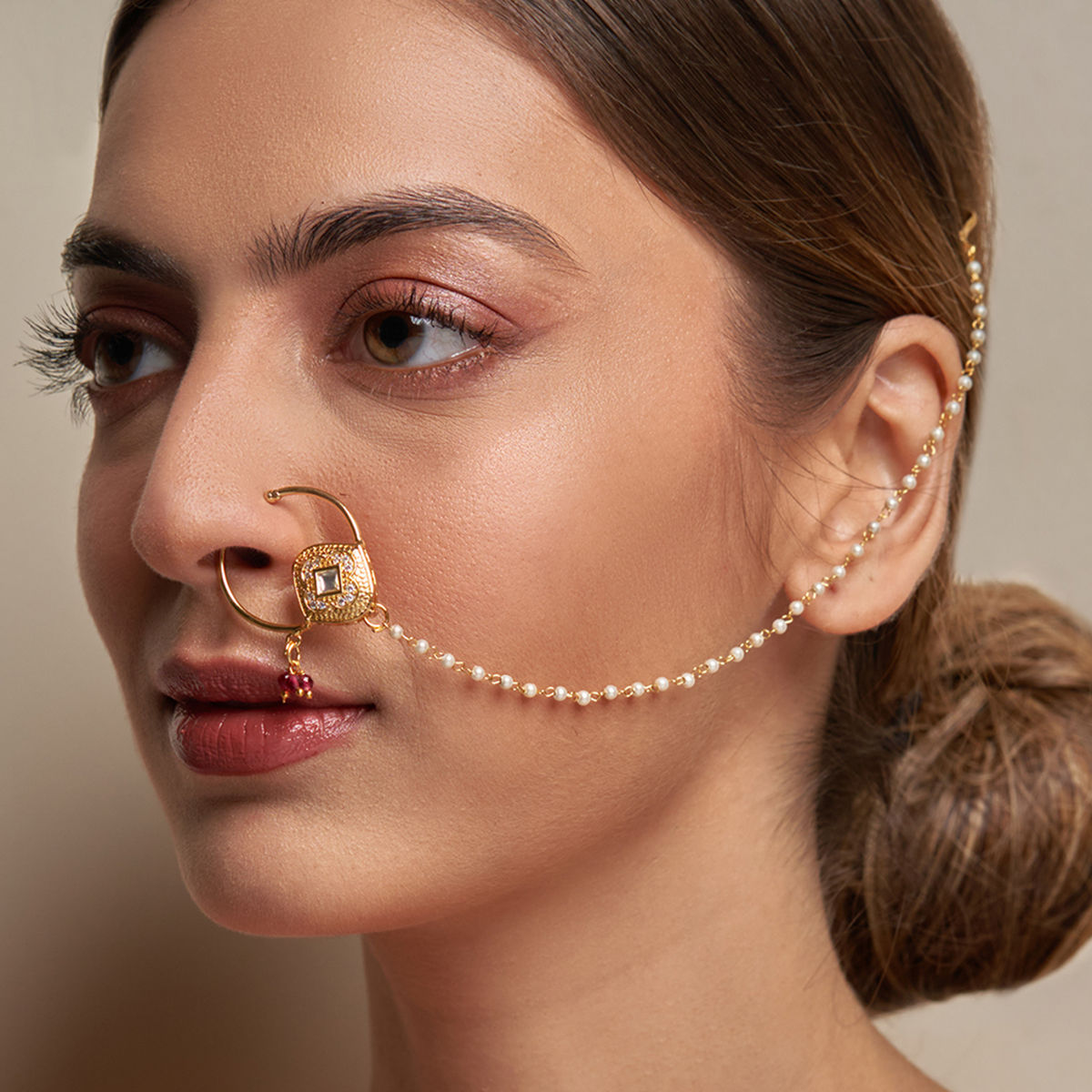 Buy Azai by Nykaa Fashion Traditional Red Stone Nath with Pearl Beaded ...