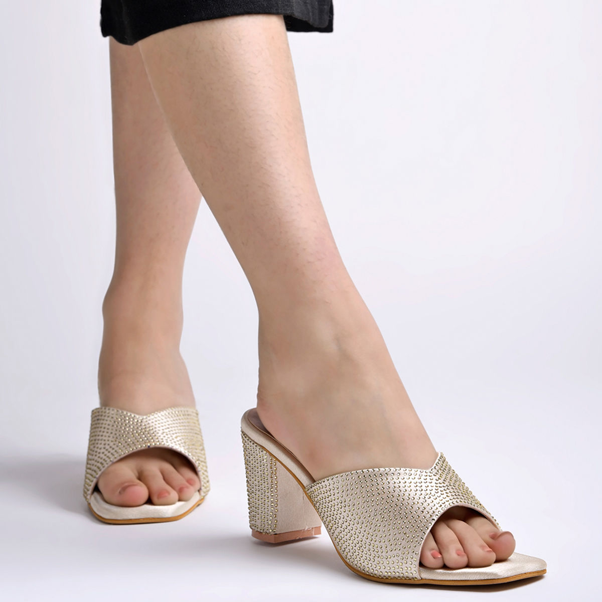 Buy Shoetopia Womens Embellished Golden Block Heels Online