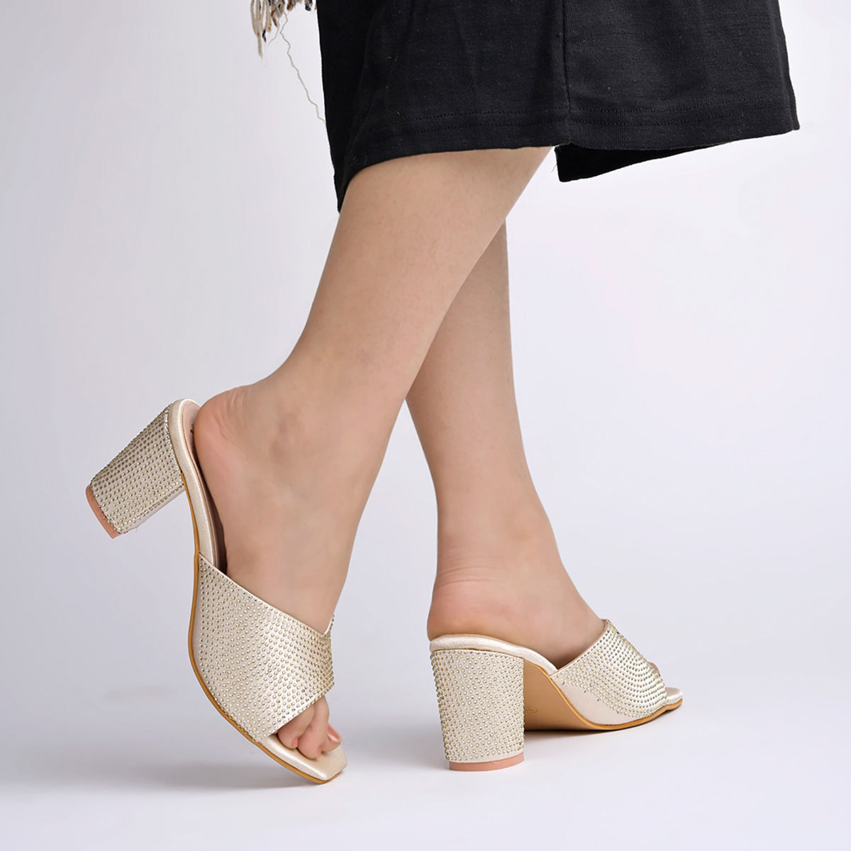 Buy Shoetopia Womens Embellished Golden Block Heels Online
