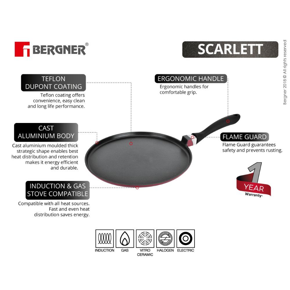Bergner Scarlett Cast Alluminium Non Stick Tawa, 26 Cm, Induction Base ...