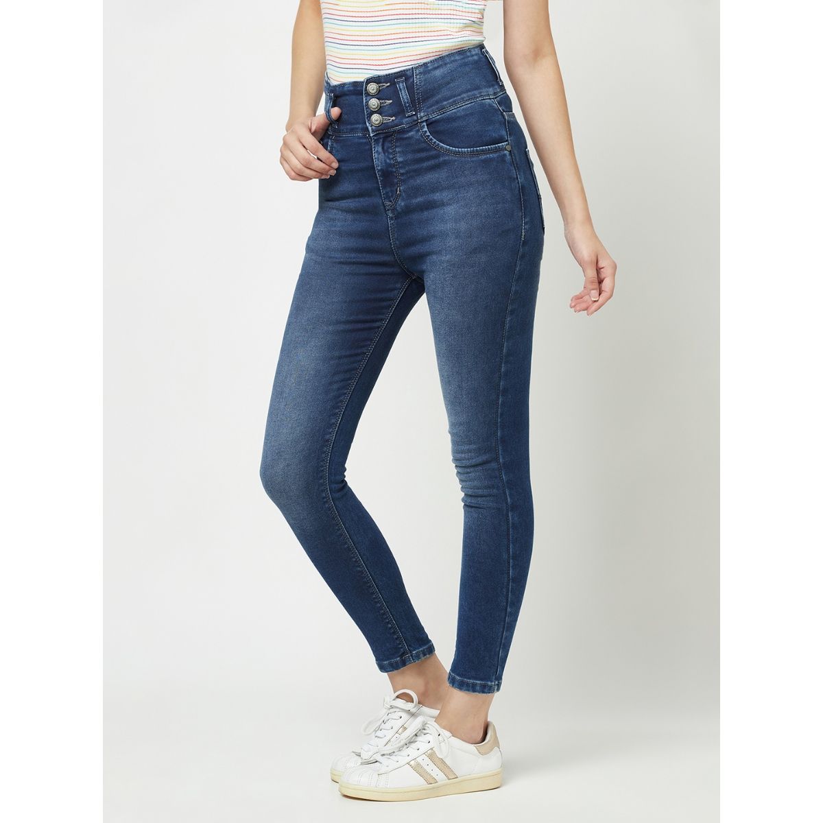 Buy Crimsoune Club Women Navy Blue Light Wash High Waisted Jeans Online