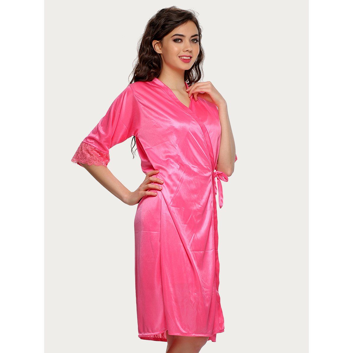 Buy Clovia Short Nighty & Robe In Pink Satin (Set of 2) Online