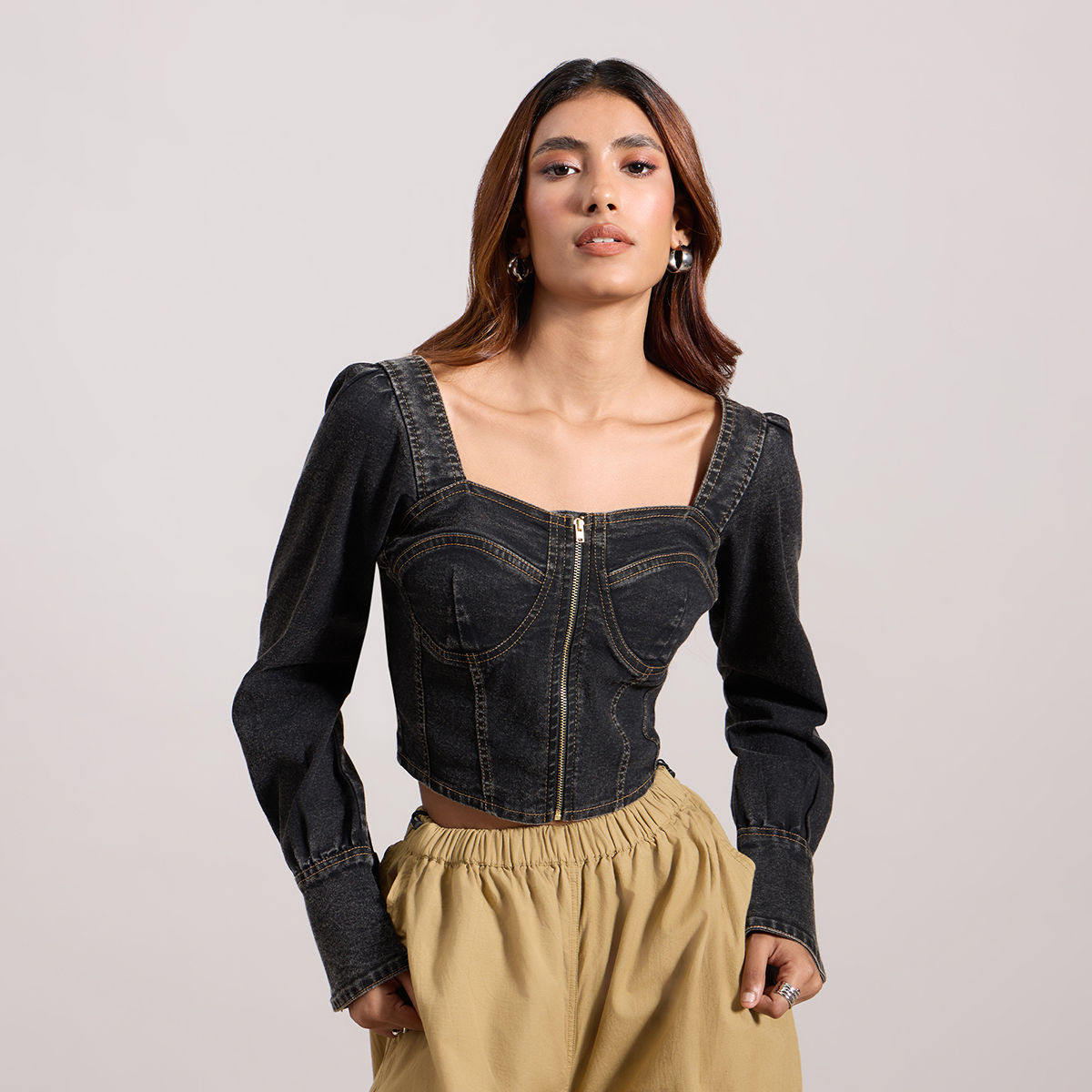 Buy MIXT by Nykaa Fashion Charcoal Solid Square Neck Full Sleeve Denim ...