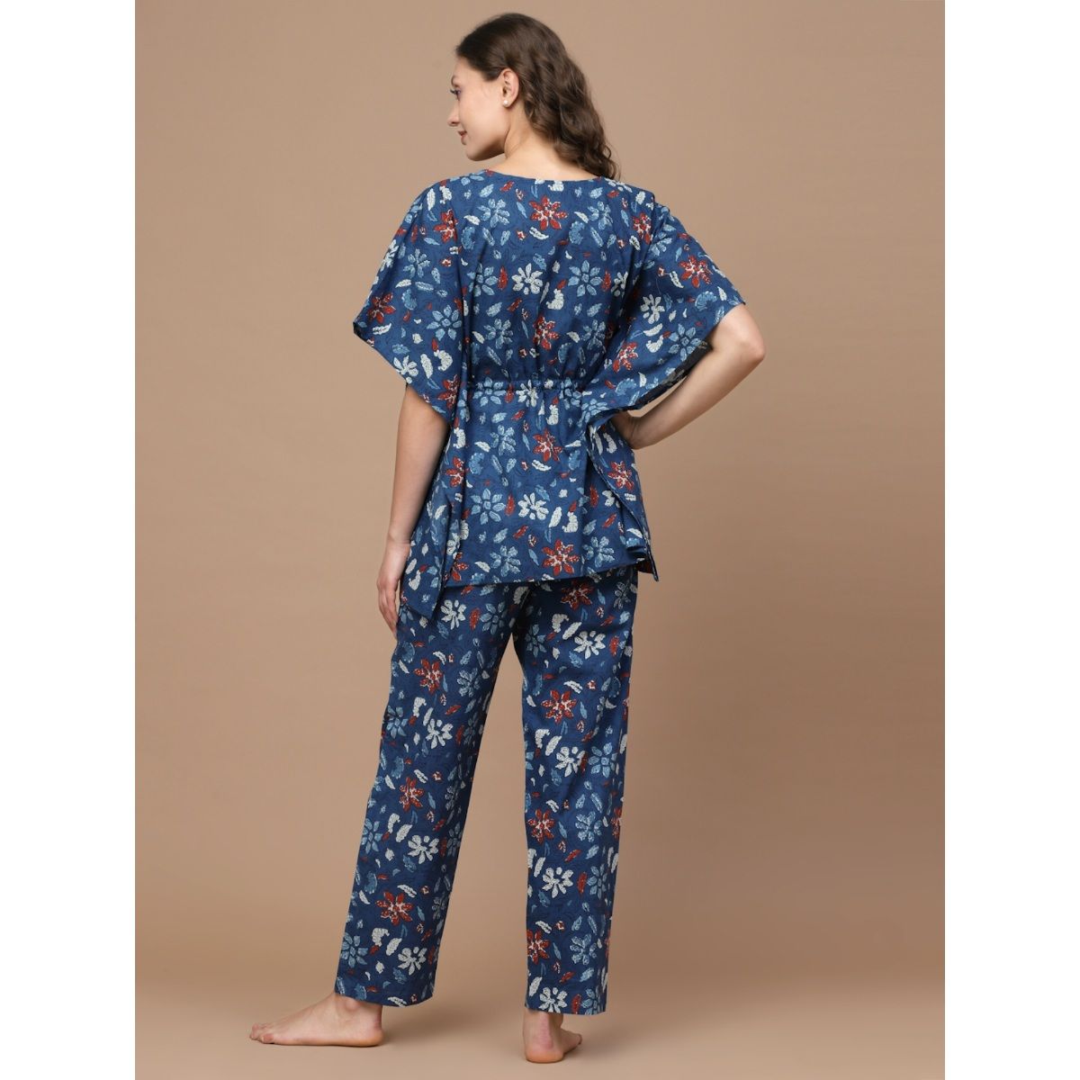 Sweet Dreams Women Navy Blue Floral Print Pure Cotton Longline Kaftan