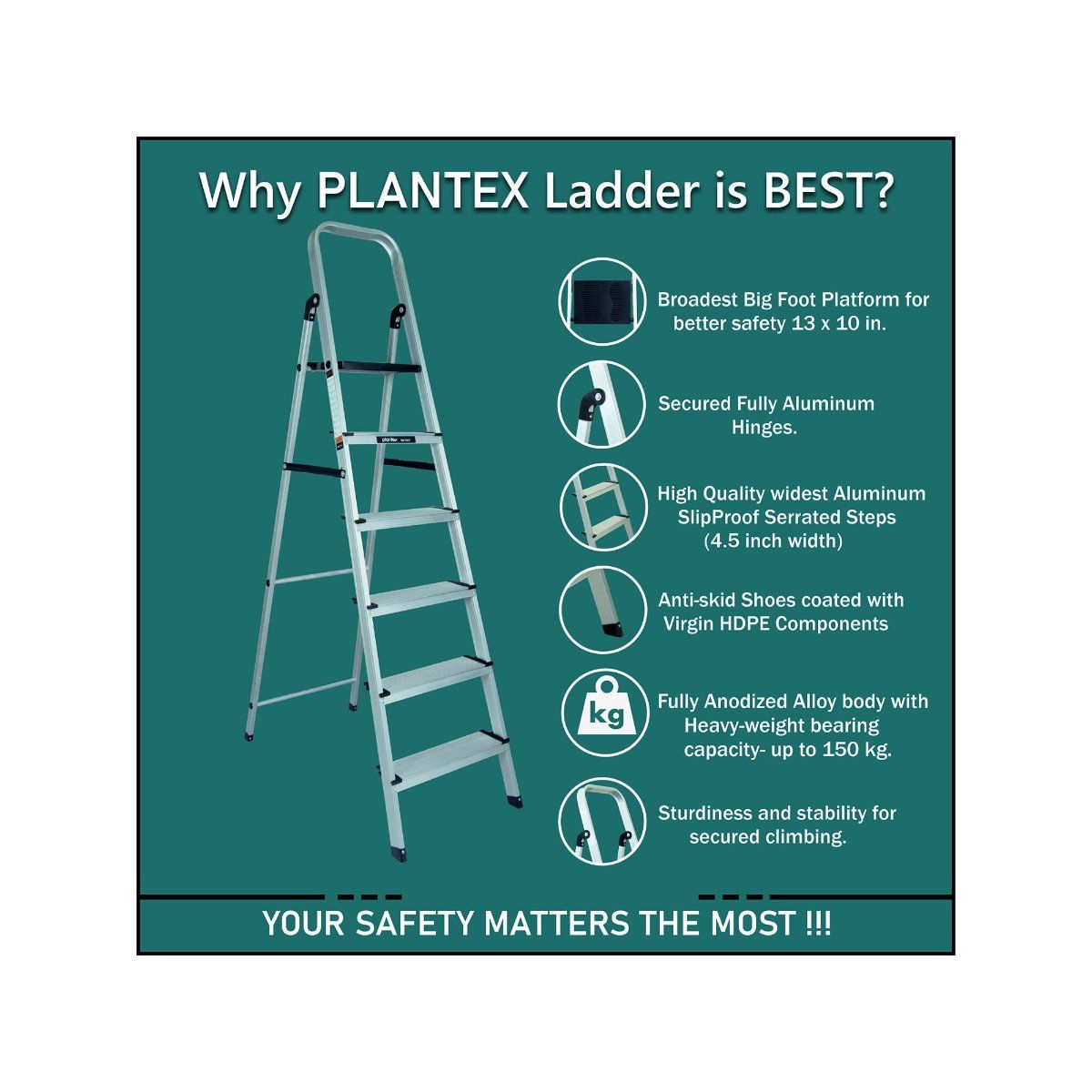 Buy Plantex Big Foot-Wide Fully Aluminum Folding 6 Step Ladder-Black ...