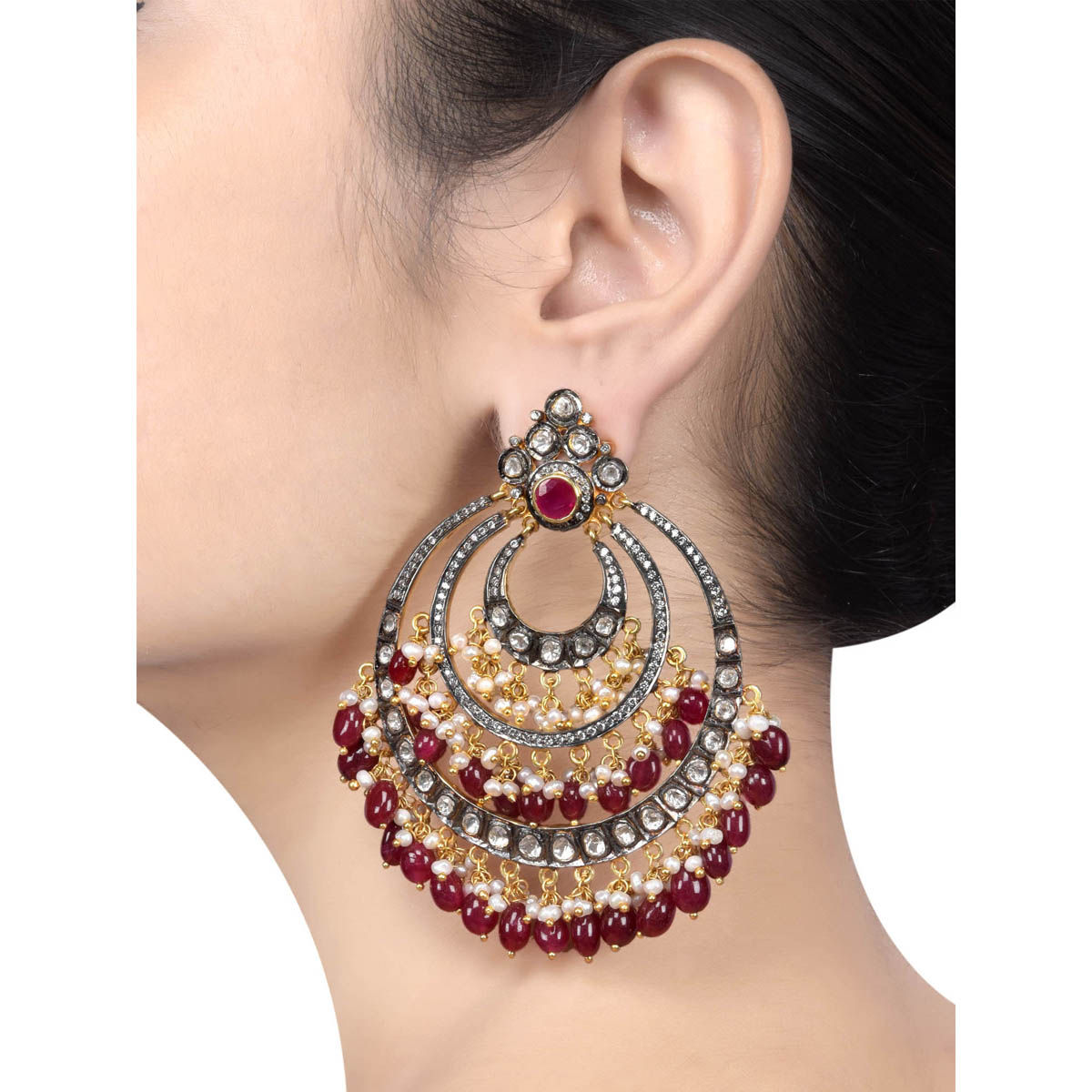 Buy Tribe Amrapali Silver Oxidised Triple Hoop Red Glass Drop Earrings ...