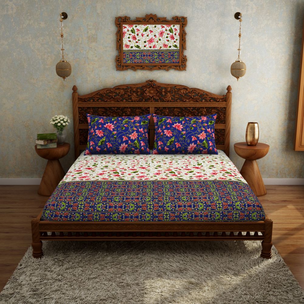 Buy Spaces Rangana 300 Tc Blue Cotton 1 King Bedsheet With 2 Pillow ...