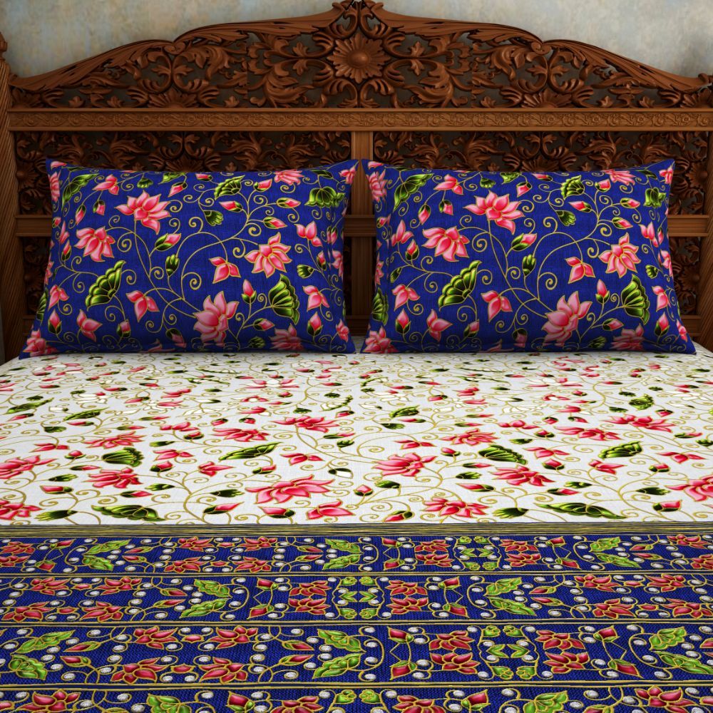 Buy Spaces Rangana 300 Tc Blue Cotton 1 King Bedsheet With 2 Pillow ...