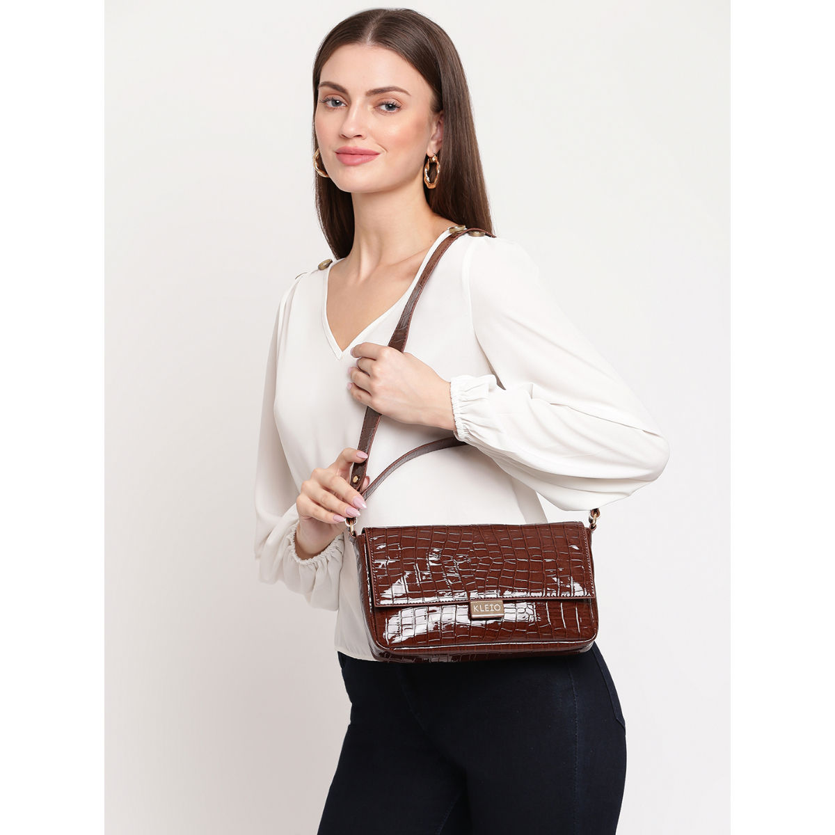 Buy KLEIO Brown Croco Faux Leather Handbags Online
