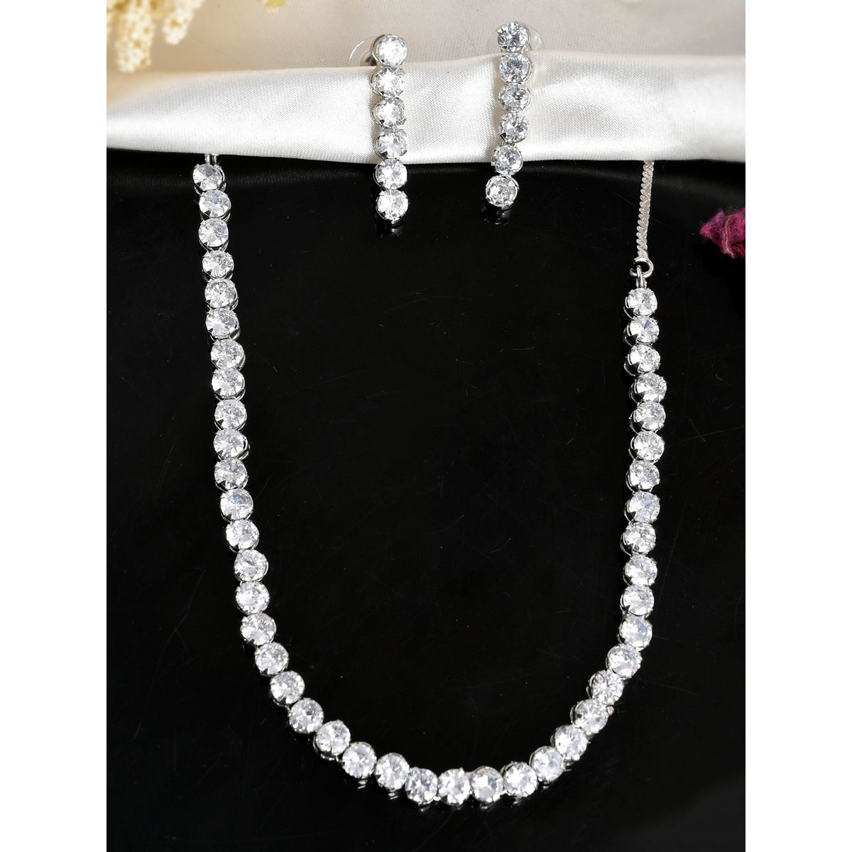 Buy Shoshaa Silver-Plated Handcrafted White CZ Studded Jewellery Set Online
