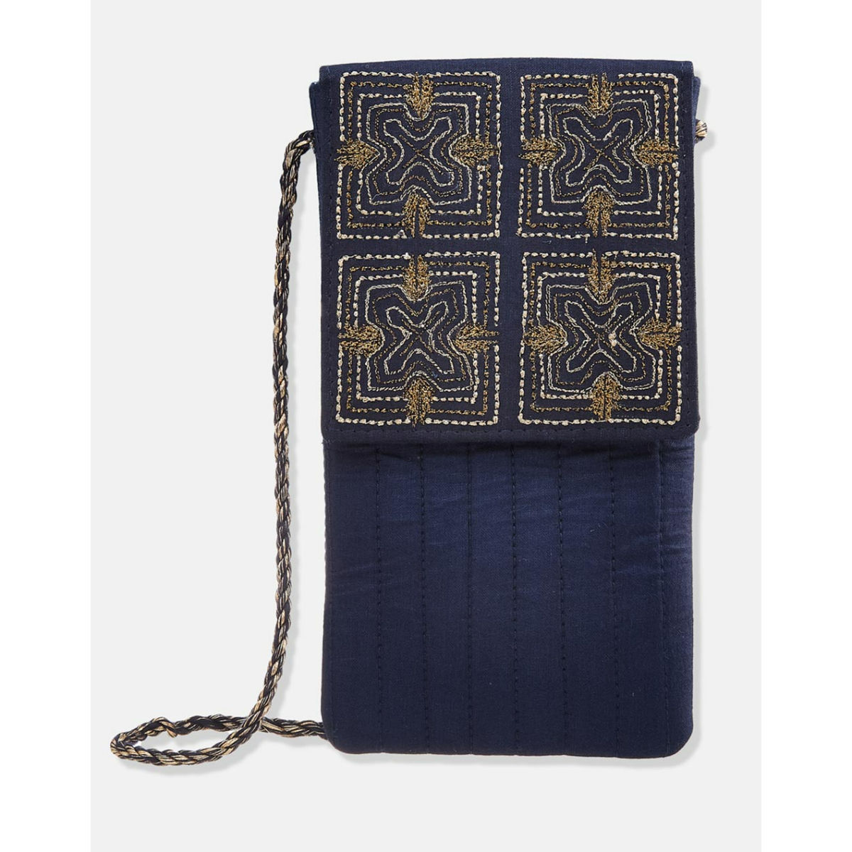 Buy Fabindia Navy Blue Silk Embroidered Shoulder Strap Mobile Pouch Online