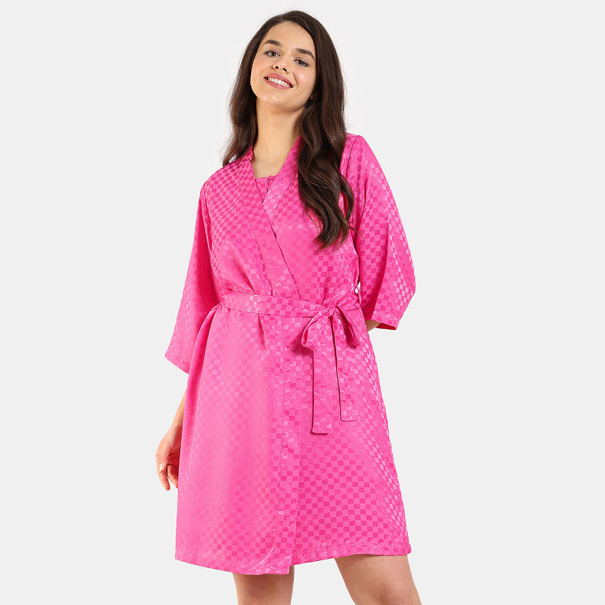 Buy Zivame Checkered Sheen Woven Robe - Pink Yarrow (Set of 2) Online
